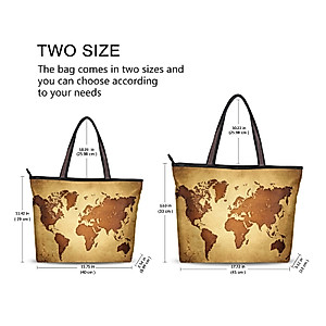 Tote Bag Retro Paper World Map Print, Large Capacity Zipper Women Grocery Bags Purse for Daily Life 2 Sizes