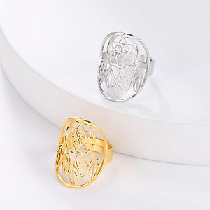 Dreamtimes Dream Catcher Ring for Women Fashion Hollow Out Dream Rings Stainless Steel Adjustable Finger Rings Feather Forest Leaf Rings Tassel Bohemian Retro Ethnic Rings