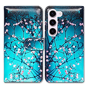 Bcov Galaxy S23 Case, Plum Blossom Flower Leather Flip Phone Case Wallet Cover with Card Slot Holder Kickstand for Samsung Galaxy S23