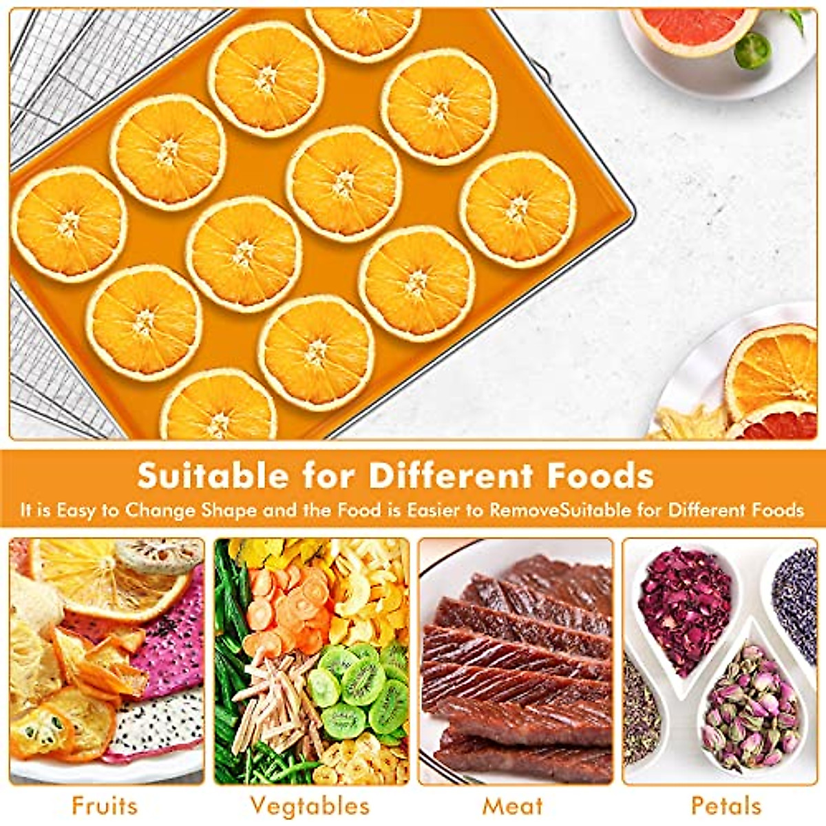 6PCS Silicone Dehydrator Sheets,Fruit Leather Silicone Dehydrator Mats with Edge Compatible with Cosori CP267-FD, Non-Stick Food Dehydrator Mats for Fruits Meat Vegetables Herbs (Orange 6 Packs)