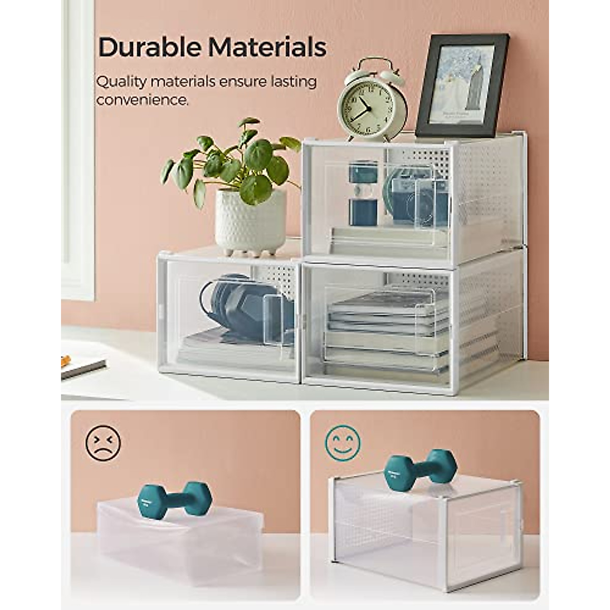 SONGMICS Shoe Boxes, Pack of 12 Shoe Storage Organizers, Stackable Clear Plastic Boxes for Closet, Sneakers, 9.9 x 13.7 x 7.4 Inches, Fit up to US Size 13, Transparent and White ULSP12MWT