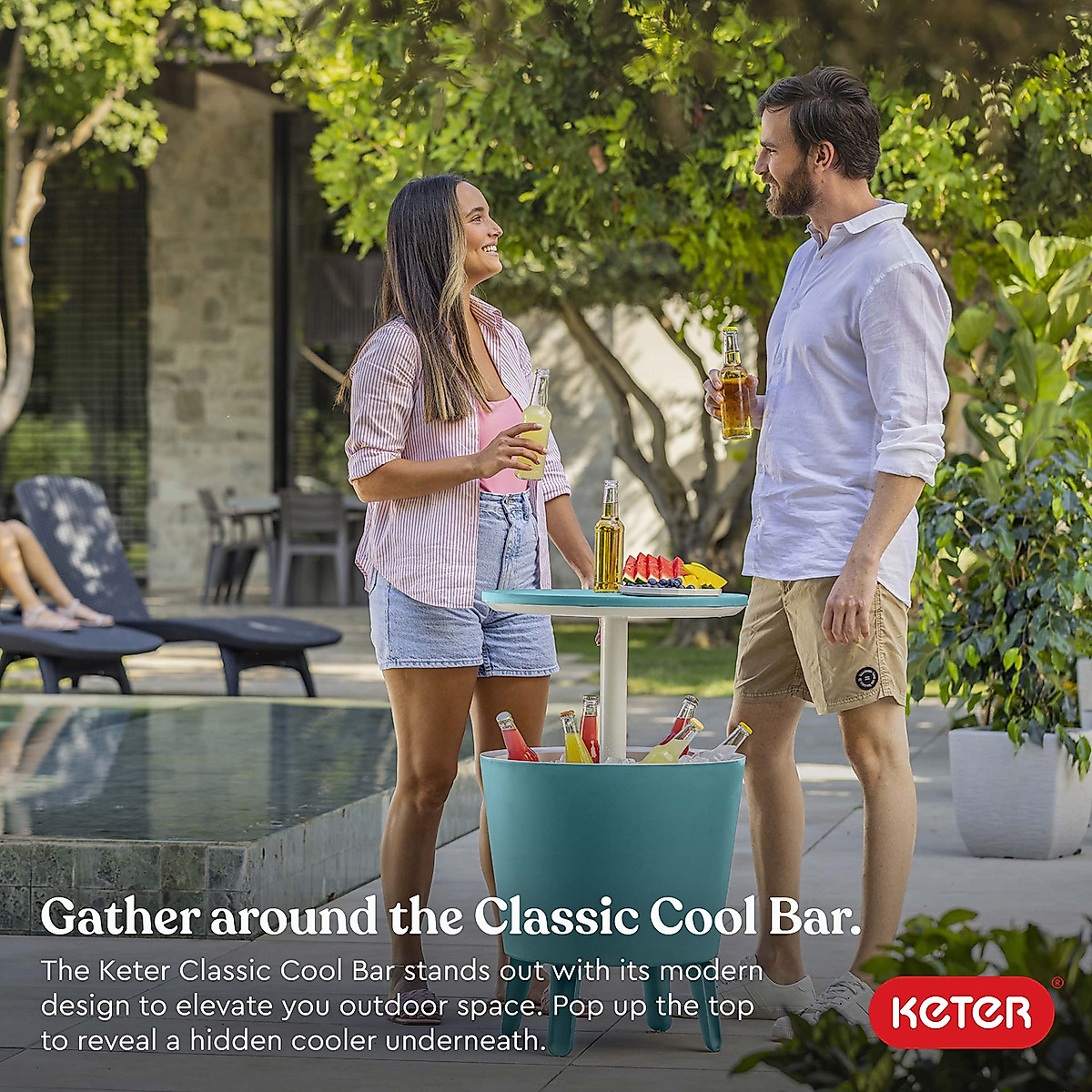 Keter Modern Cool Bar Outdoor Patio Furniture and Hot Tub Side Table with 7.5 Gallon Beer and Wine Cooler, Teal