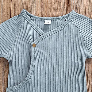 CIYCUIT Baby Boy Girl Gowns Newborn Coming Home from Hospital Outfit Ribbed Knotted Nightgown with Hat Blue 0-6 Months