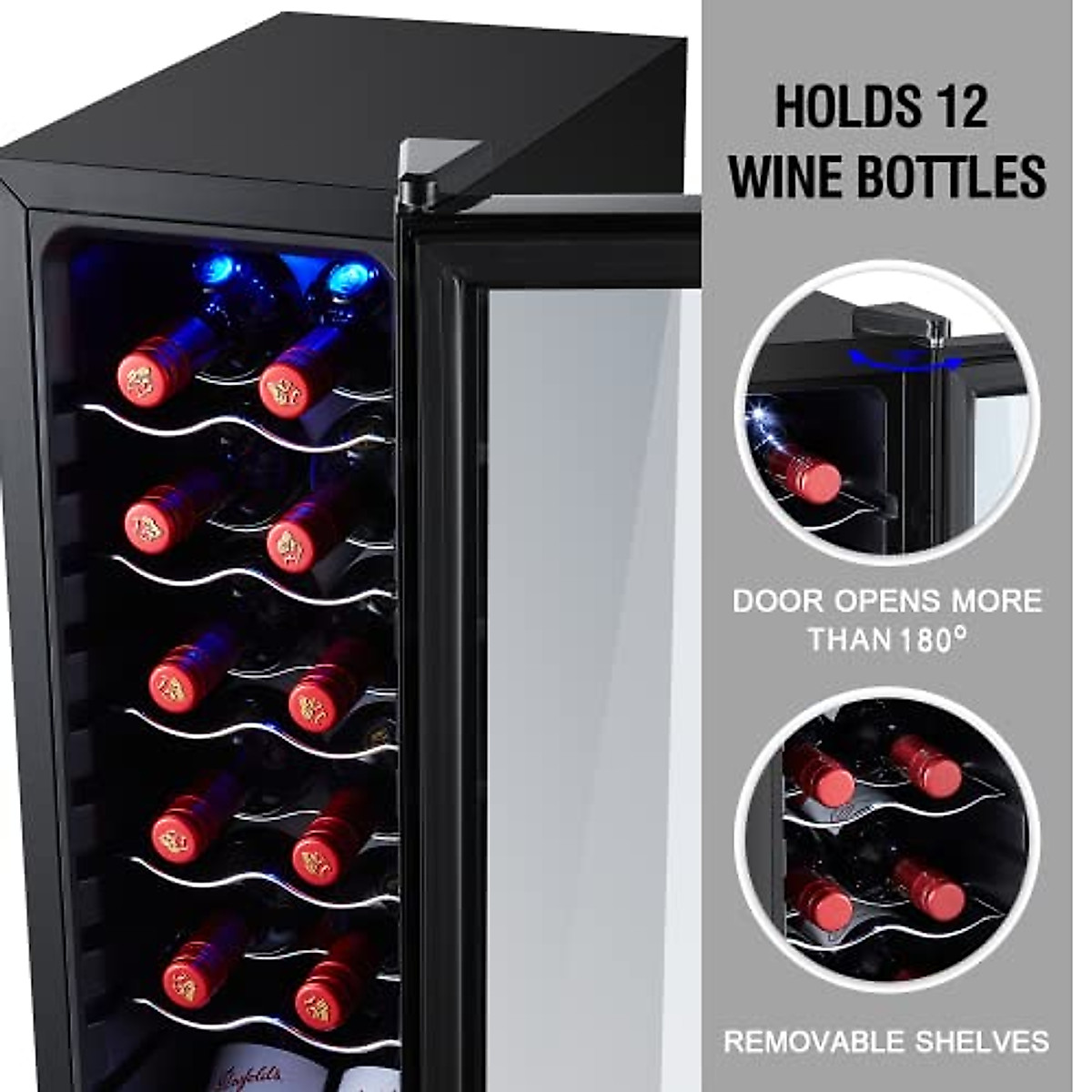 Phiestina Wine Cooler, Freestanding Wine Fridge Holds 12 Bottles, Small Wine Refrigerator for Home Bar with Digital Temperature Control, Glass Front Doors and Interior Lighting