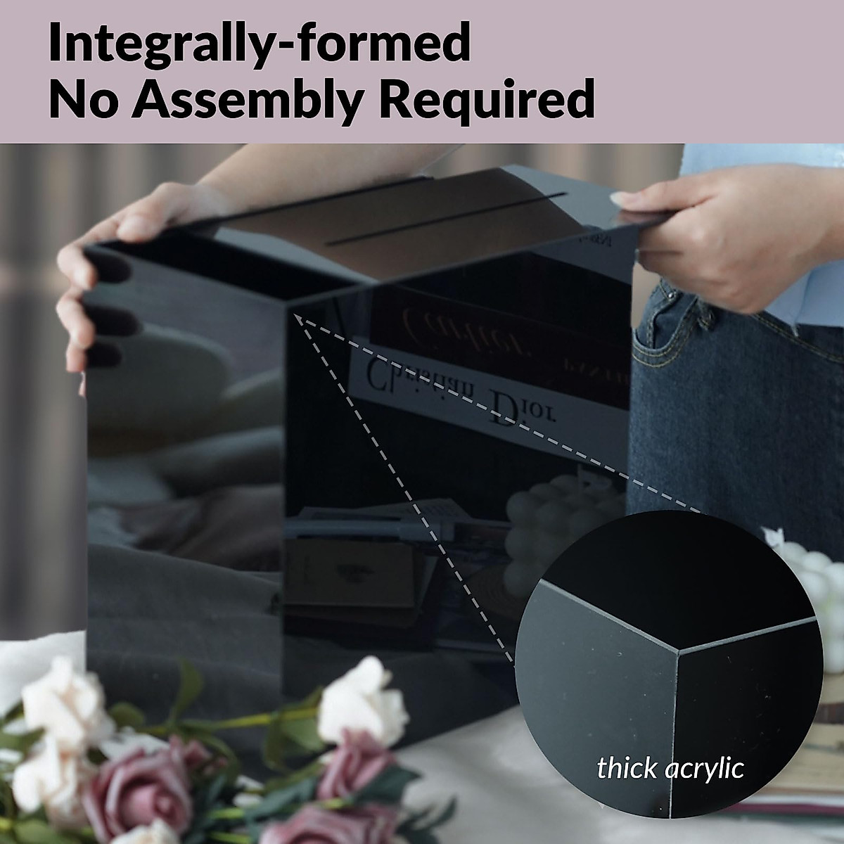 JupDec Wedding Card Box for Reception with Slot, 10" Large Black Acrylic Box DIY Card Storage Box for Gifts, Souvenirs, Donations, Card Box Holder for Baby Showers Birthday Party Graduations
