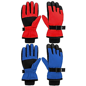 Eurzom 2 Pairs Kids Winter Gloves Waterproof Ski Gloves Windproof Warm Unisex Ski Gloves Warm Snow Gloves with Hook and Loop(Red, Blue, for 6-13 Years)