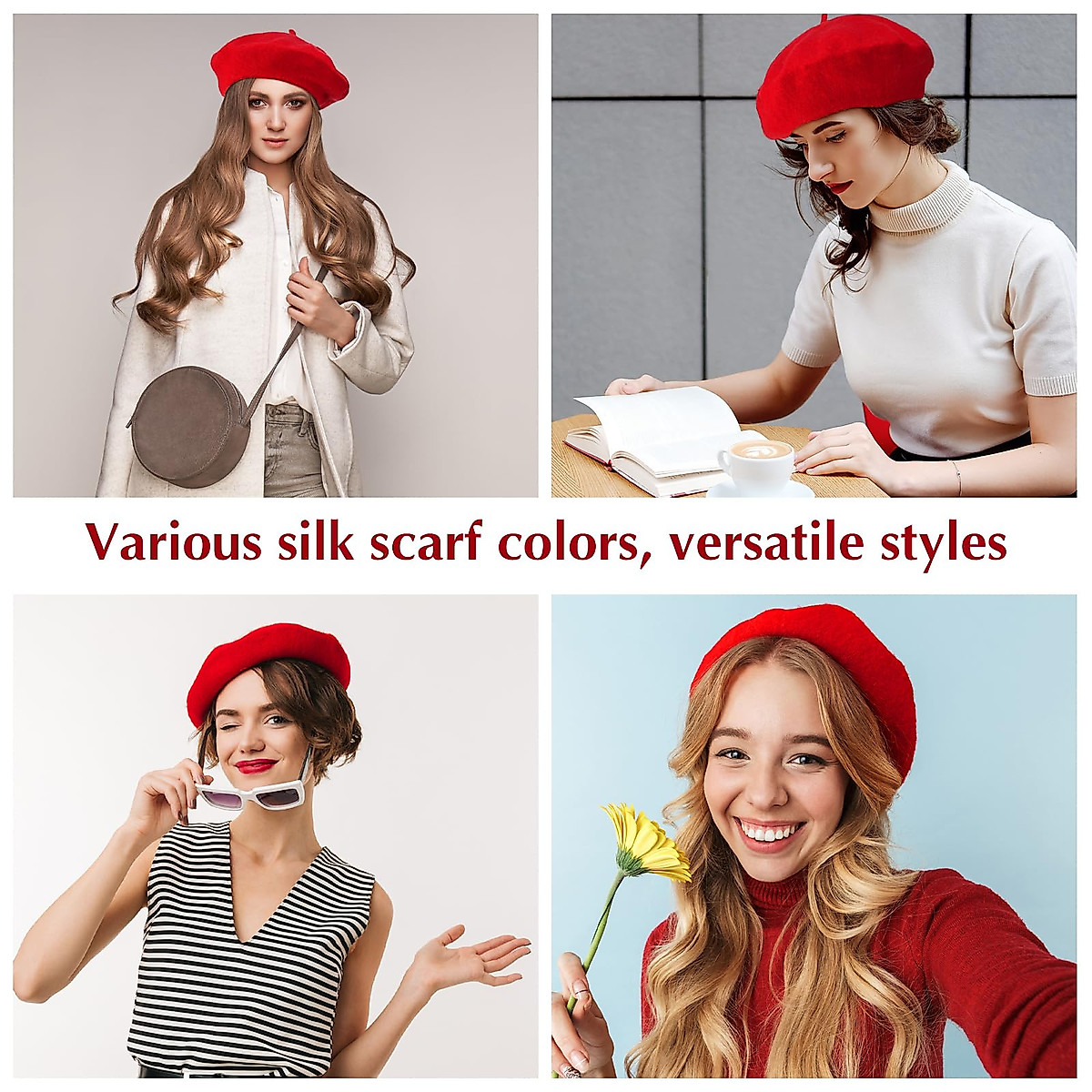 Shinymoon 24 Pcs Wool Beret Hat Bulk Winter Artist Beanie Beret Warm French Hat with Silky Neck Scarf for Women Girl Lady(Red, Elegant Style)