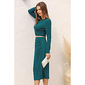 PRETTYGARDEN Womens 2024 Fall 2 Piece Outfits Track Suits Long Sleeve Crop Tops Bodycon Midi Skirt Slit Dress Matching Sets (Dark Green,Medium)