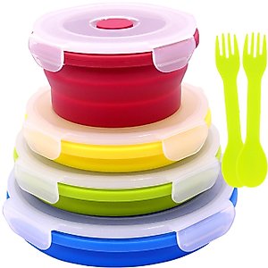 FUSMYE Set of 4 Collapsible Silicone Food Storage Containers With Lids,Round Bowls For Kitchen, Microwave,Dishwasher and Freezer Safe For Camping,Foldable Meal Box, BPA Free