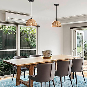 Gudicati Hand Woven Rattan Pendant Light Fixture Vintage Farmhouse 9.84" Bamboo Dome Pendant Lights Modern Retro Boho Wicker Basket Pendant Lighting for Kitchen Island, Bedroom, Dining Room, 2-Pack