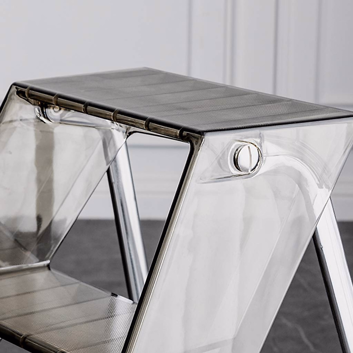 Acrylic 3 Step Ladder Step Stool Transparent L44xW52xH63cm Folding Step Stool 150kg Capacity Ladder for Kitchen Electroplated Silver Iron Frame Household Stool