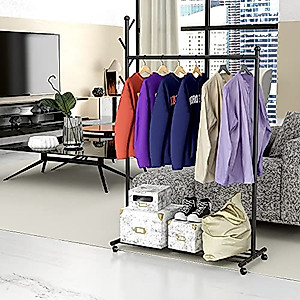 EKNITEY Clothes Garment Rack Portable - Rolling Clothing Organizer Rack on Wheels with Bottom Shelves (Black)