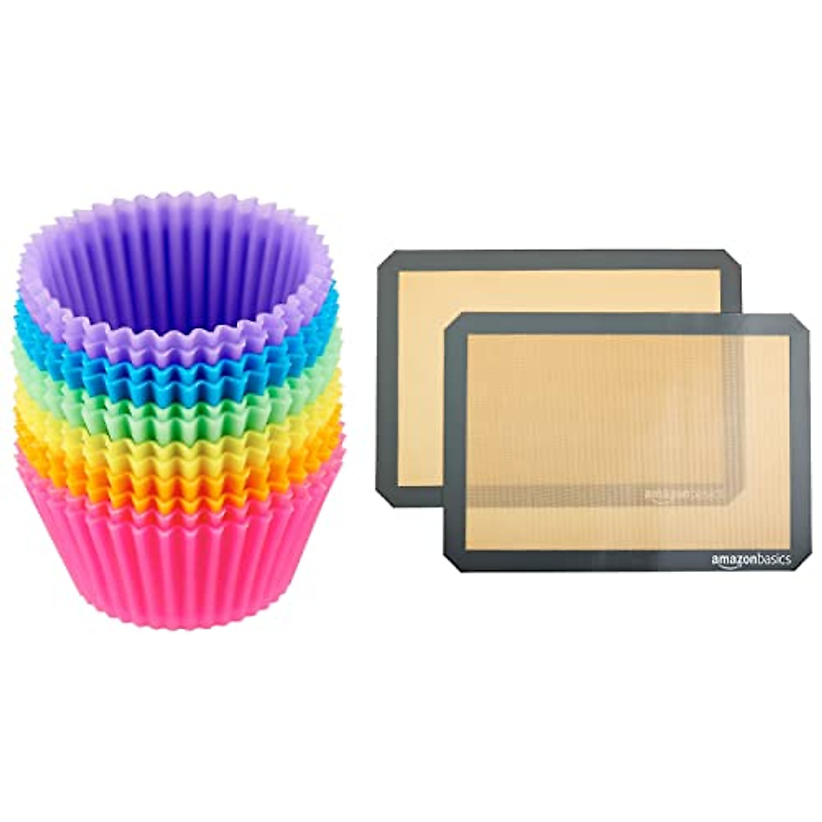 amazon basics Silicone, Non-Stick, Food Safe Baking Mat - Pack of 2 & Reusable, Silicone, Non-Stick Baking Cups Liners - Pack of 12