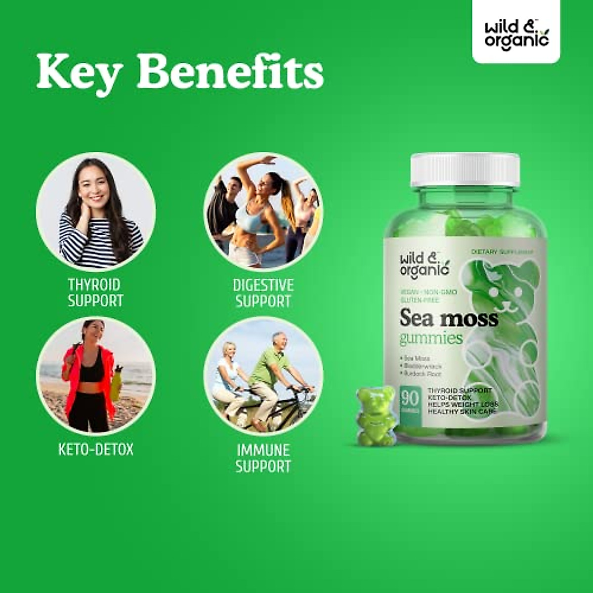 Wild & Organic Sea Moss Gummies Bundle - Superfood Wildcrafted Seamoss Gummy Vitamins for Kids & Adult - Thyroid Health, Digestive & Immune Support Supplements w/ Raw Irish Moss Bladderwrack - 2 Pack