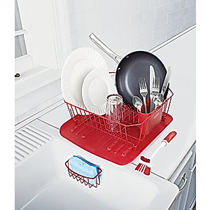 Rubbermaid Sink Set with Dish Drying Rack, Drainboard, Sponge Caddy, and Brush, Red, 4-Pieces