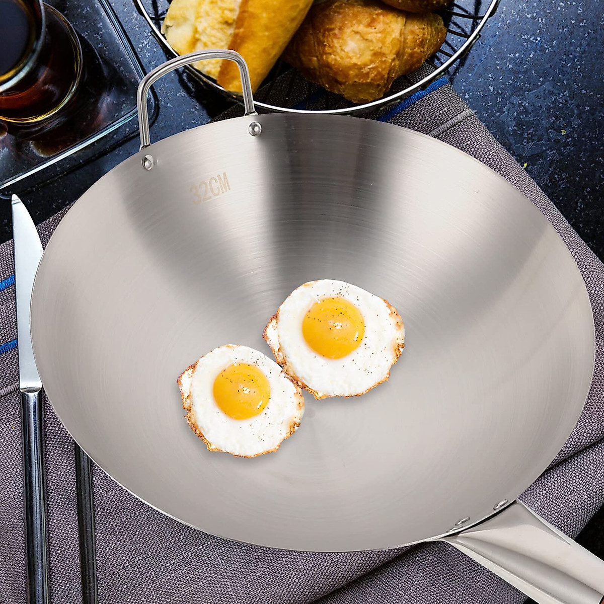 Kichvoe Round Bottom Carbon Steel Wok Pan，Carbon Steel Pow Wok，Wok And Stir Fry Pans For Home and Professional Cooking-12.5Inch