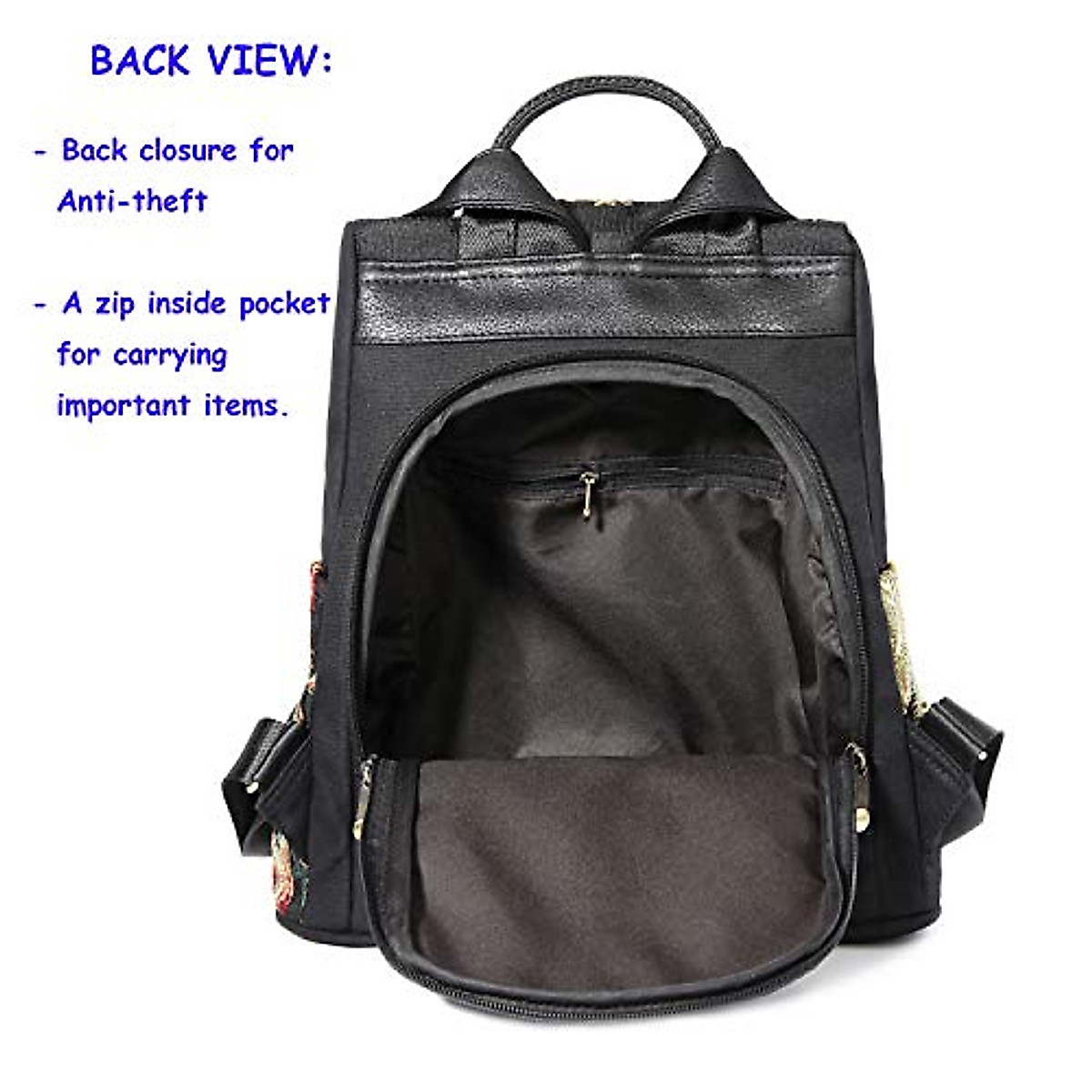 Glitter Embroidery Women Backpack Purse, Fashion Canvas Travel Anti-theft Rucksack School Shoulder Bag (Black) One_Size