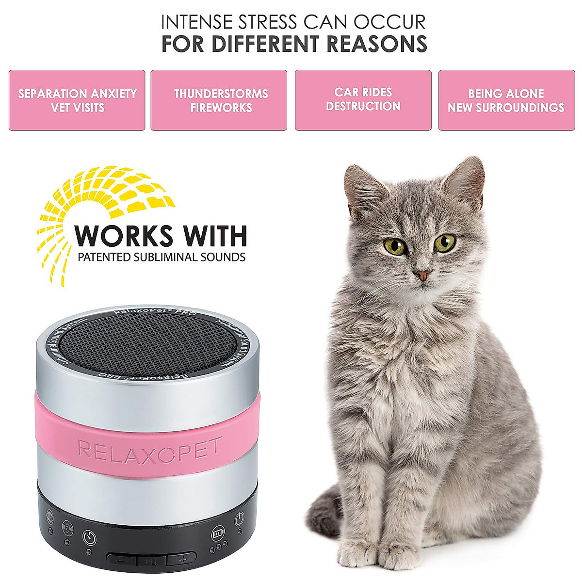 RelaxoPet PRO, Relaxation Trainer for Cats, Stress Relief and Calming Device for Cats Helps with Cat Anxiety, Reduces Destructive Behavior, Spraying, Scratching. Subliminal Sound Calming Aid