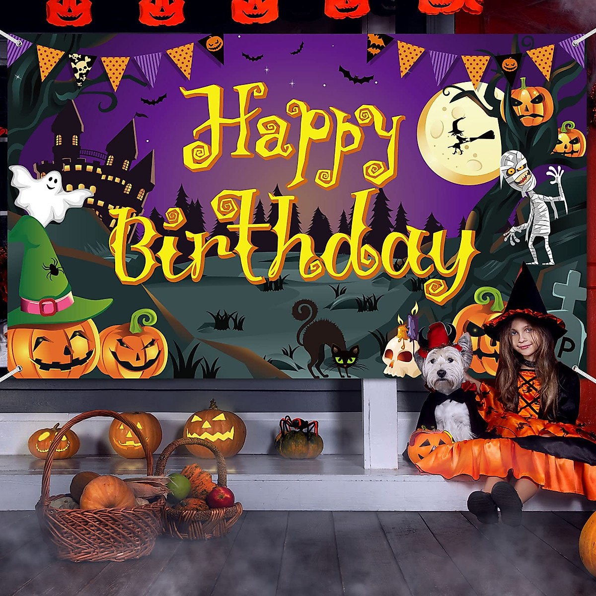 Happy Birthday Halloween Backdrop Halloween Birthday Party Background Pumpkin Ghost Spooky Castle Photography Background Halloween Party Photo Booth Banner Large Birthday Backdrops Decor, 6 x 3.6 ft
