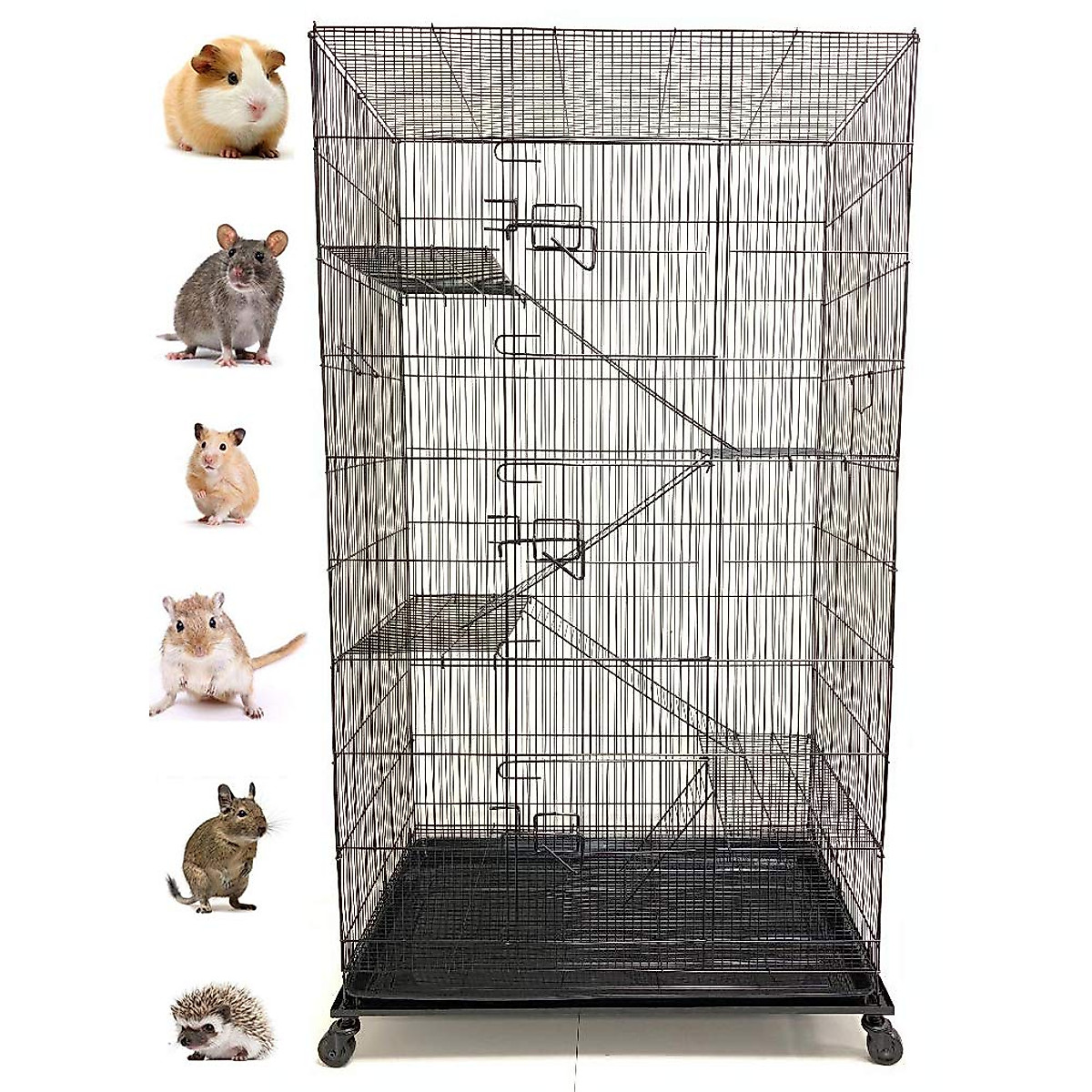 55" Extra Large 5 Levels 3/8-Inch Tight Wire Spacing Guinea Pig Sugar Glider Animal Wire Chew Free Cage with Removable Rolling Stand