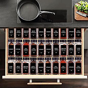 Churboro 36 Spice Jars with 547 Labels- Glass Spice Jars with Black Metal Caps, 4oz Empty Spice Containers with Shaker Lids, Funnel, Chalk Pen, Square Seasoning Bottles for Spice Rack, Drawer, Cabinet