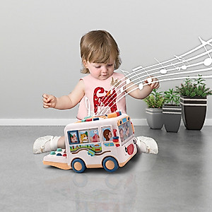 OWNONE 1 Baby Activity Cube Toy, Musical School Bus Toy for Toddlers 1-3, Learning Music Toy Birthday Gift for Baby Boys & Girls 1 2 3 Years Old