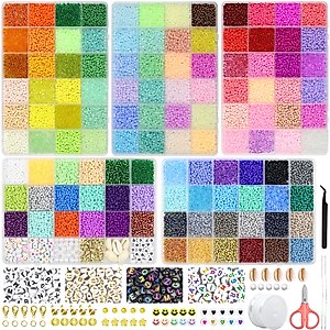 BIBOKLTIY 114 Colors Glass Seed Beads Bracelet Making Kit, 28500pcs 3mm Seed Beads Jewelry Making Kit with Alphabet Letter Beads and String, Glass Beads Kit for Bracelets DIY Art Craft