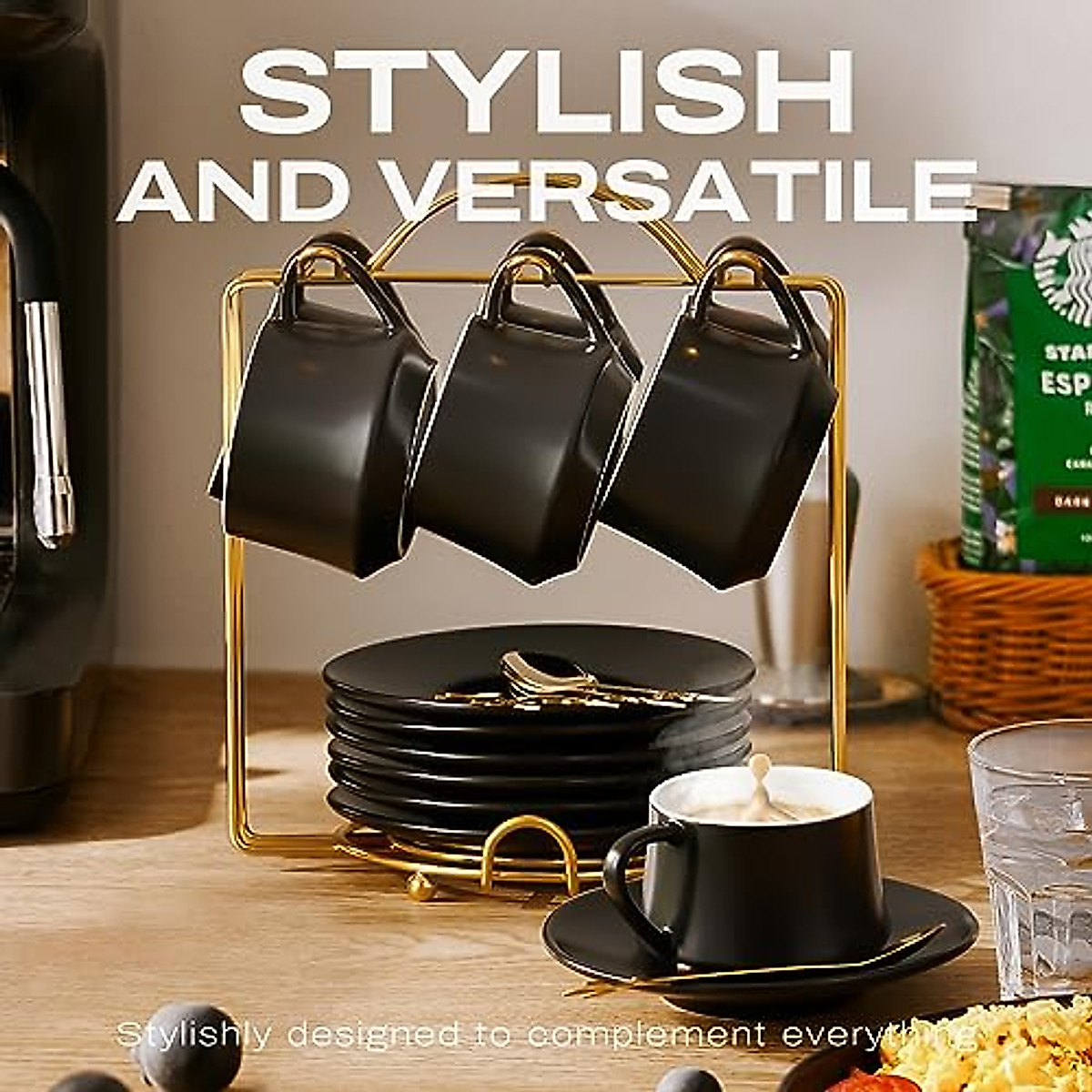 Lareina Espresso Cups with Saucers, Spoons and Metal Stand, Small 4 oz Ceramic Cappuccino Coffee Cups Set of 6, Cute Demitasse Cups with Handle for Nespresso Lungo, Double Espresso, Cortado(Black)