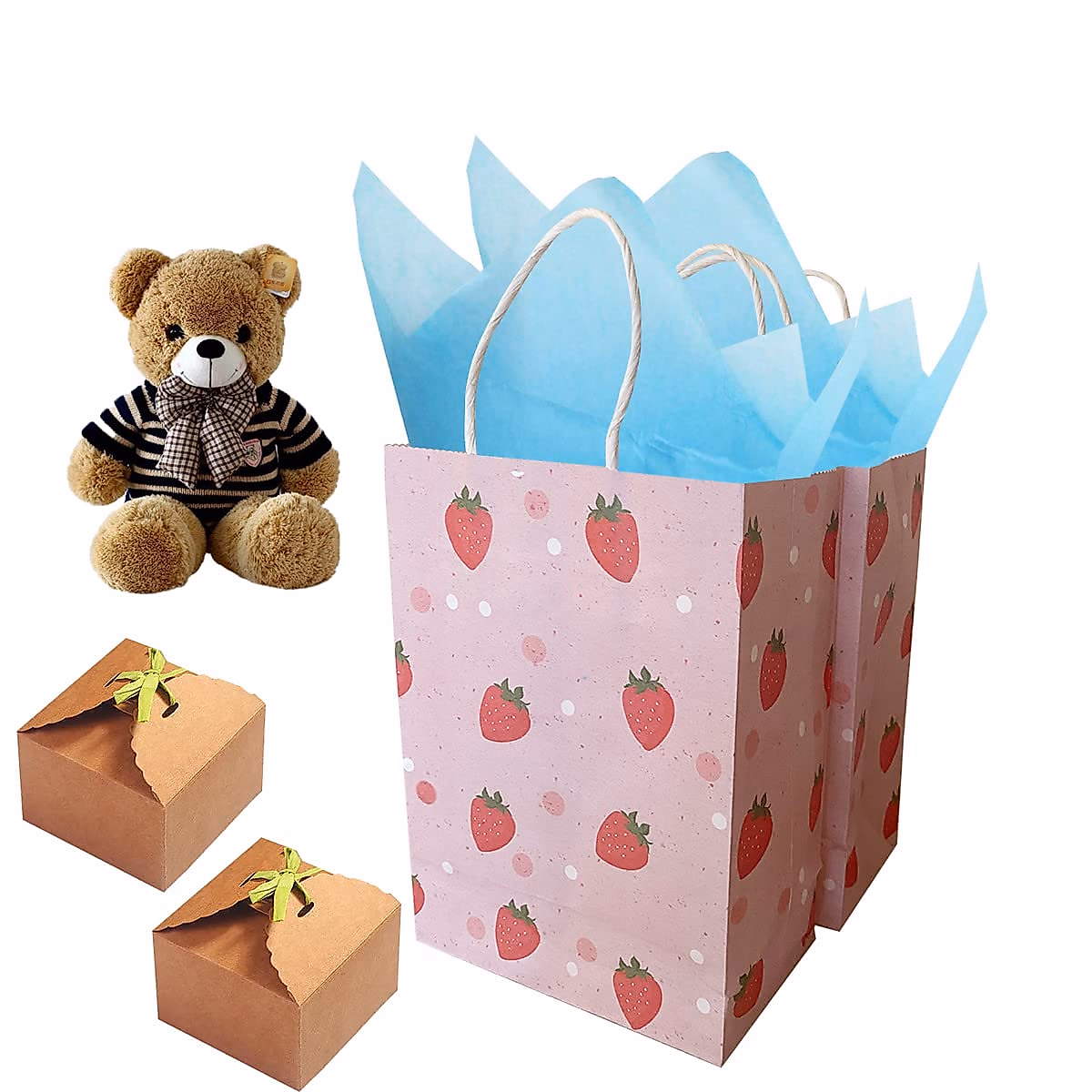 BaShiDer Strawberry Gift Bags 5.9x8.26x3.15-inch Strawberry Party Favor Bags 16Pcs Paper Bags with Handles for Party Favors(Strawberry-Pink)