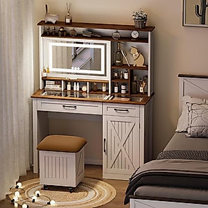 Farmhouse Makeup Vanity Desk with Mirror and Lights, 43" Glass Tabletop Vanity Table with 360° Rolling Stool with Storage, Big Vanity Set for Bedroom, 3 Lighting Modes, 2 Drawers, 1 Cabinet, White
