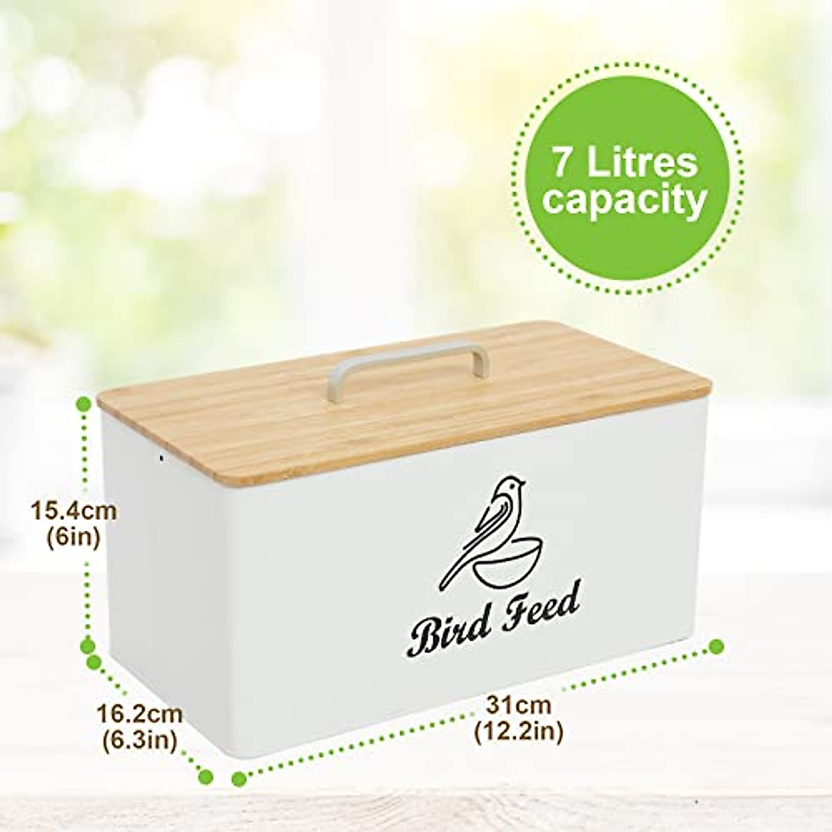 Brabtod Bird Seed Storage Container-Rectangular Pet Food Tin-with Bird Seed Scoop,Metal Airtight Bird Food Feeder with Wooden Lid, Ideal Store Sunflower Seed Wild Birdseed-White