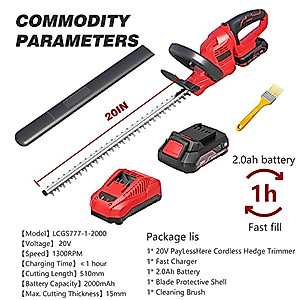 Cordless Hedge Trimmer, 20V Bush Trimmer 20-Inch Dual-Action Blades 5.5-lb Lightweight & Powerful Battery and Fast Charger