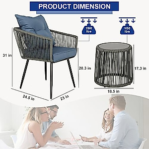 BPTD 3 Piece Outdoor Bistro Set Patio Set Balcony Furniture Outdoor Furniture Rattan Chair Conversation Sets with Side Table for Porch, Backyard, Balcony (DGRY-Navy)
