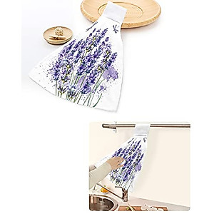 Hand Tie Towel Set of 2,Field Purple Lavender Floral Dragonfly Hanging Kitchen Towels with Loop, Absorbent Tea Bar Dish Towel Fast Drying Towels for Bathroom,Rustic Flower Plant Watercolor