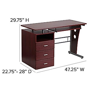 EMMA + OLIVER Mahogany Desk with Three Drawer Pedestal and Keyboard Tray