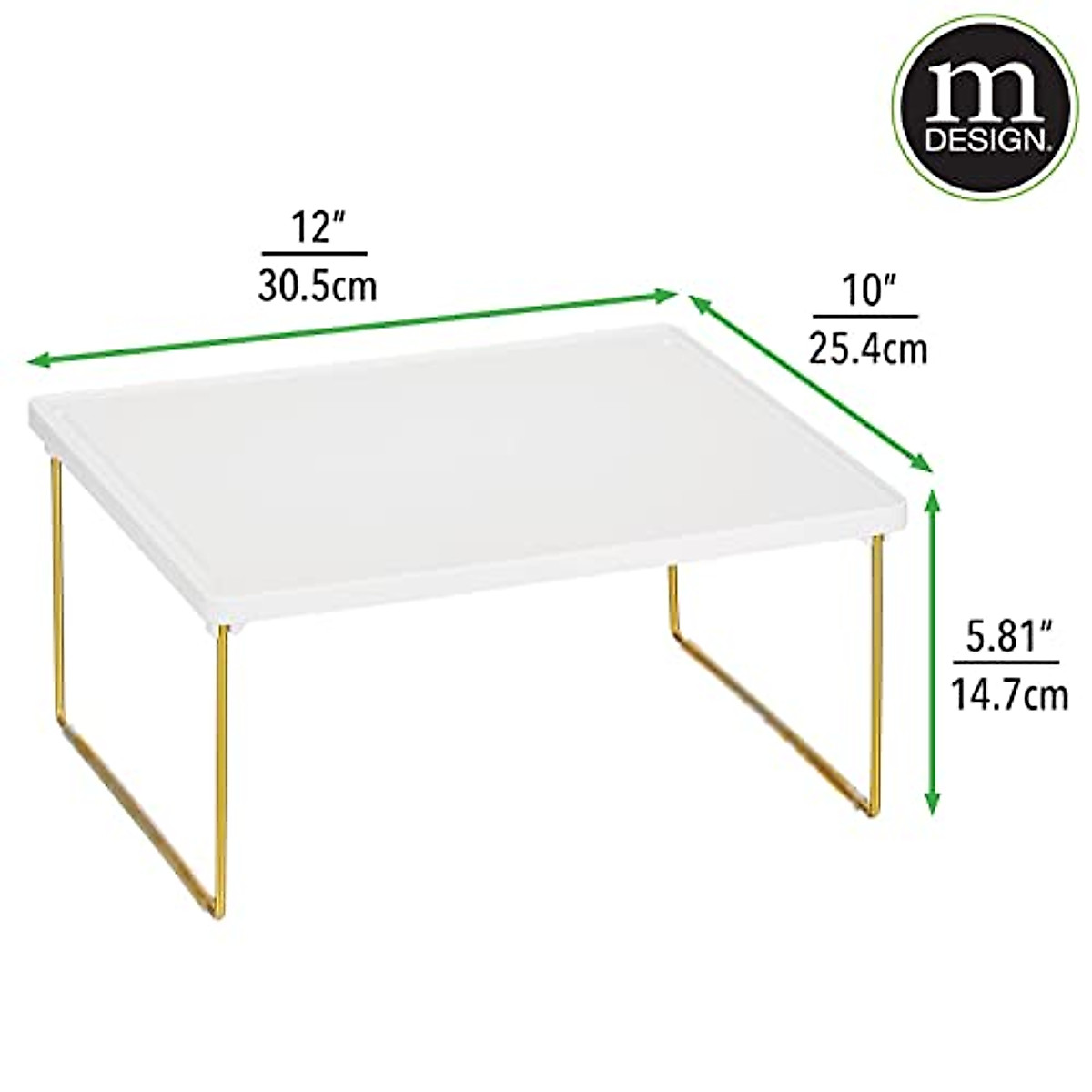 mDesign Metal Stacking Storage Organization for Shelves Inside Cabinet in Kitchen, Pantry, Cupboard, Fridge/Freezer, Organizer Stand for Plates, Bowls, Mugs, Ligne Collection, 4 Pack, White/Soft Brass