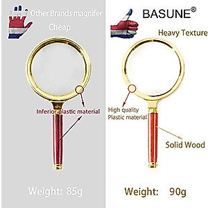 BASUNE 10X Handheld Magnifier, Reading Magnifier Loupe Glasses 10X with Rosewood Handle for Book and Newspaper Reading, Insect and Hobby Observation, Classroom Science (Clear, Plastic Frame)