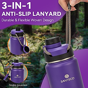 SANTECO Insulated Water Bottles 24 oz, Stainless Steel Thermos with Lanyard & Wide Mouth Spout Lid, Leak Proof, Double Wall Vacuum Water Bottle, Keep Drinks Hot & Cold for Hiking Camping - Purple