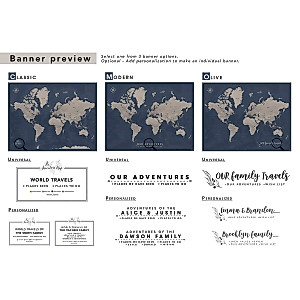 Framed Travel Map With Pins World Personalized | Premium Push Pin Travel Map | Various Color and Size Options | 24" x 32" up to 40" x 53"