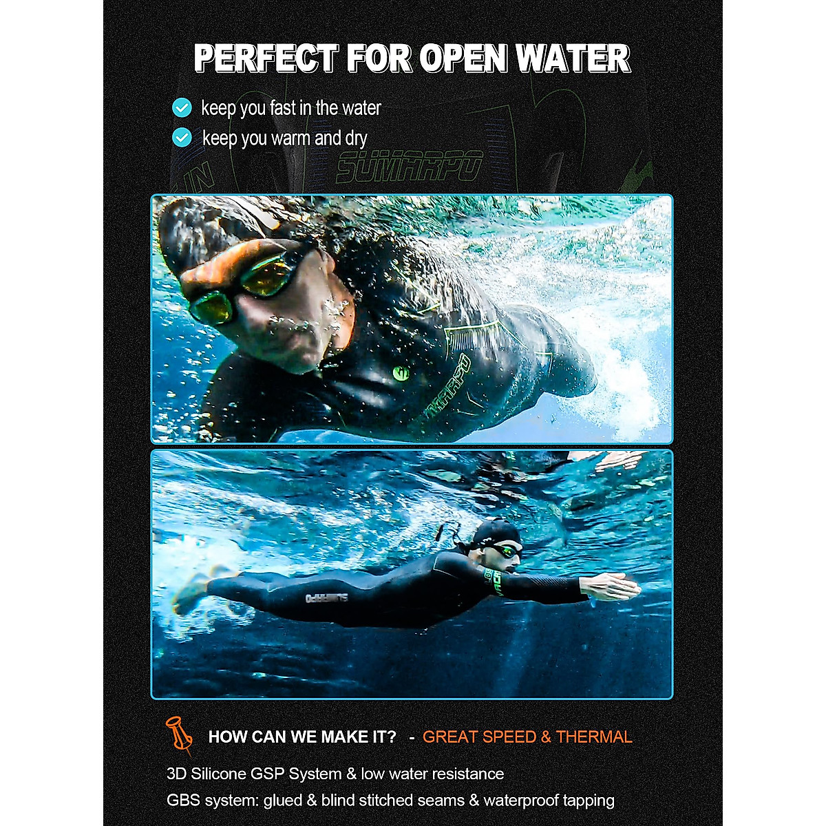 SUMARPO Triathlon Wetsuit Men 3/2mm, ECO-Based Yamamoto SCS Smoothskin Neoprene Skinsuits for Open Water Swimming, Fina & Ironman & USAT Approved