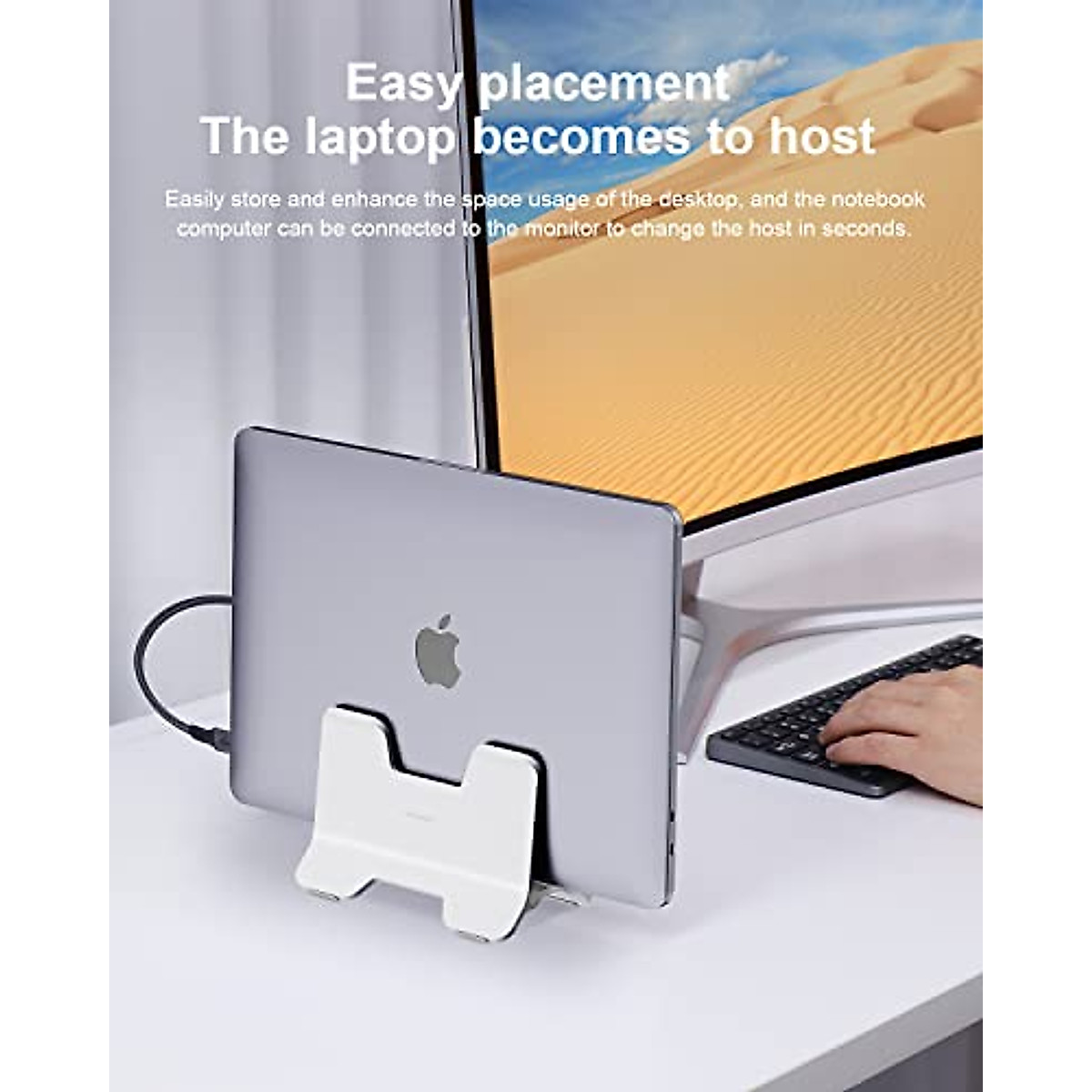 Hagibis Vertical Laptop Stand Desktop for Desk Gravity Locking Holder Dock Save Space Improves Airflow for MacBook Pro, Mac Mini, Surface, HP, Dell, Chrome Book (White ABS)