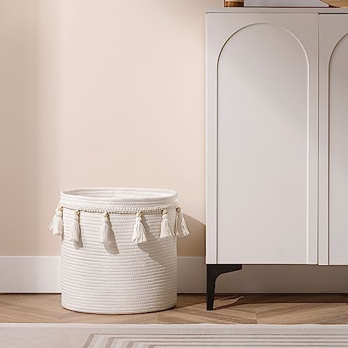 UBBCARE Decorative Cotton Rope Basket-14 x 15 in, Boho Woven Storage Basket with Tassel, Macrame Basket for Organizing Towels, Baby Toys, Cute Storage basket for Nursery