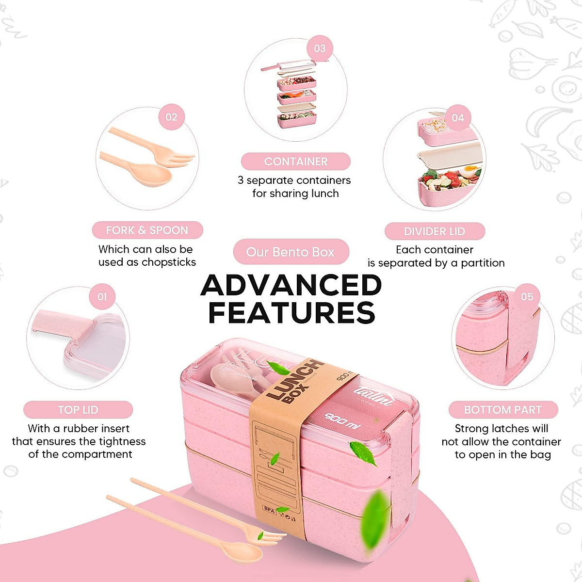 TARLINI Bento Box Lunch Containers- Portable Microwave Japanese Bento Box, Meal Prep Containers For Healthy Food | Tupperware Lunch Box For Adults, Kids, Women, Microwaveable Bowl Plastic Container