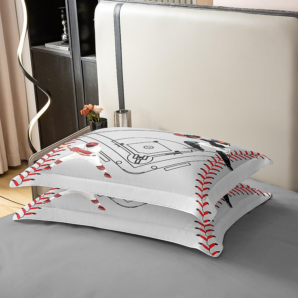 Castle Fairy Baseball Player Comforter Cover Queen Baseball Field Print 100% Organic Cotton Duvet Cover American Sports Ball Game Bedding Sets Red Baseball Texture Bedspread Cover 3 Pieces