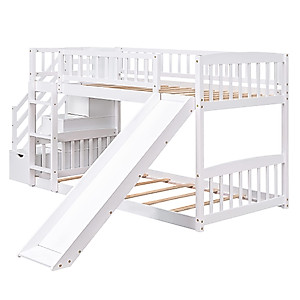 Harper & Bright Designs Twin Over Twin Bunk Bed with Slide and Guardrail, Floor Bunk Bed with Stairway/Two Drawers/Handrail, Space-Saving Bedroom Dormitory Furniture (White)