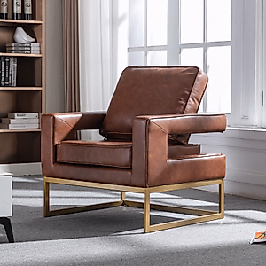 LukeAlon PU Leather Accent Club Chair, Upholstered Armchair with Gold Legs Modern Single Sofa Chair Comfy Reading Chair for Living Room, Brown