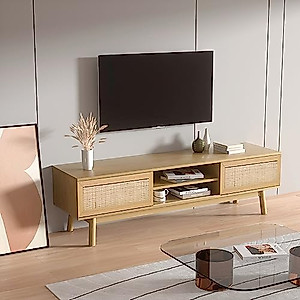 EOYUTLLY Farmhouse Rattan TV Stand 59" Boho tv Stand Muebles para TV with 2 Doors and 2 Open Shelves Mid Century Modern TV Stand for Living Room Bedroom Furniture