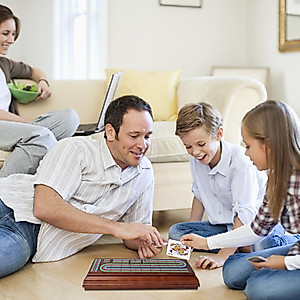 GSE Games & Sports Expert Multi-Color 3-Track Wooden Cribbage Board Game Box with 2 Deck Playing Cards, 9 Metal Pegs and Storage Drawer, Three-Track Cribbage Board with Large Storage