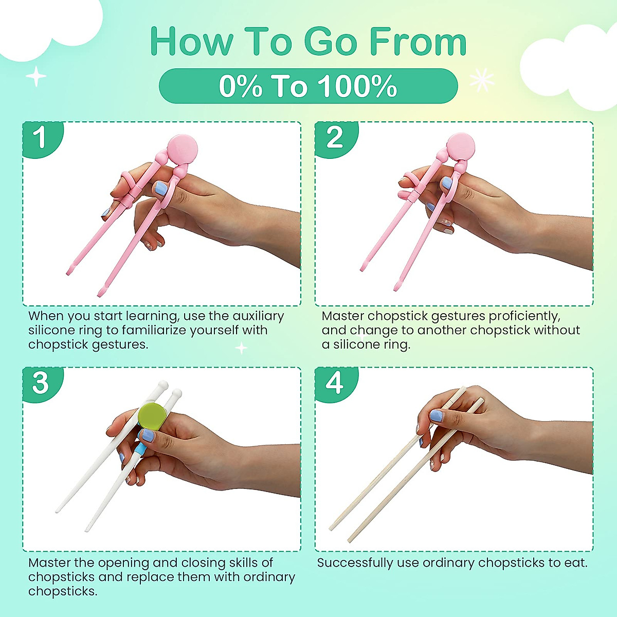 MOTZU 2 Pairs Training Children Beginners Chopsticks - Fun and Easy to Use Cheater Chopsticks, Learning Chopstick Helper, Plastic Chopsticks for Beginners, Kids & Adults - Reusable & Dishwasher Safe