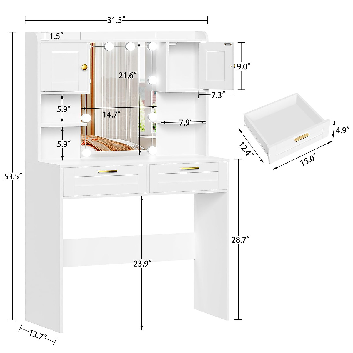 usikey Vanity Desk with Mirror and Lights, Makeup Vanity Table with 2 Drawers, 2 Cabinets & 2 Shelves, Vanity Desk, Vanity Table for Girls Women, Bedroom, White
